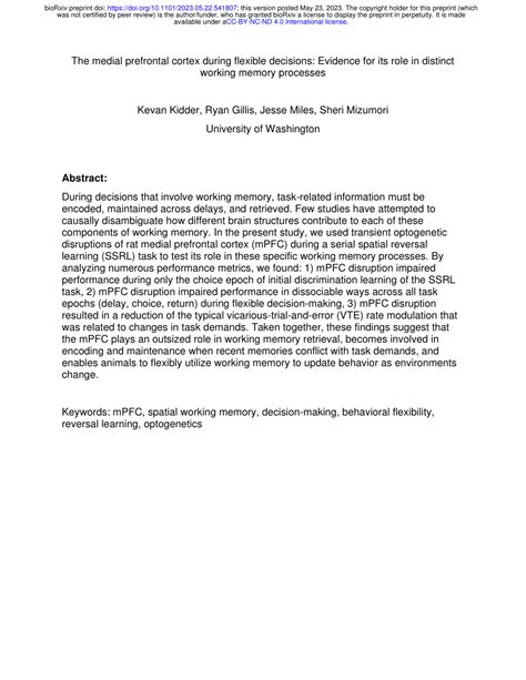 Pdf The Medial Prefrontal Cortex During Flexible Decisions Evidence For Its Role In Distinct