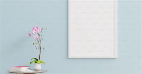 식물 빈 파란색 벽 배경에 포스터 3d 렌더링이 있는 인테리어 사진 Unsplash의 실내 이미지