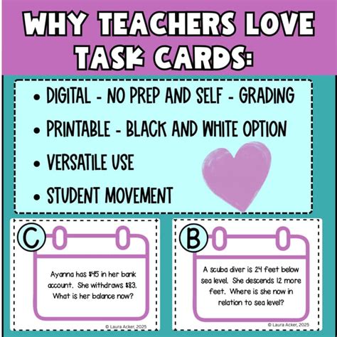 Integer Task Cards Word Problems 6th 7th Grade Math Digital Or