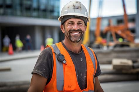 Premium Ai Image Handsome Male Builder Smiling On The Background Of The Construction Site