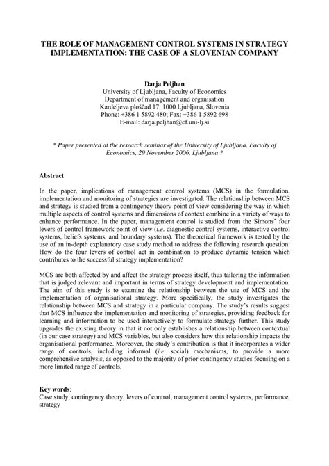Pdf The Role Of Management Control Systems In Strategy Implementation The Case Of A Slovenian