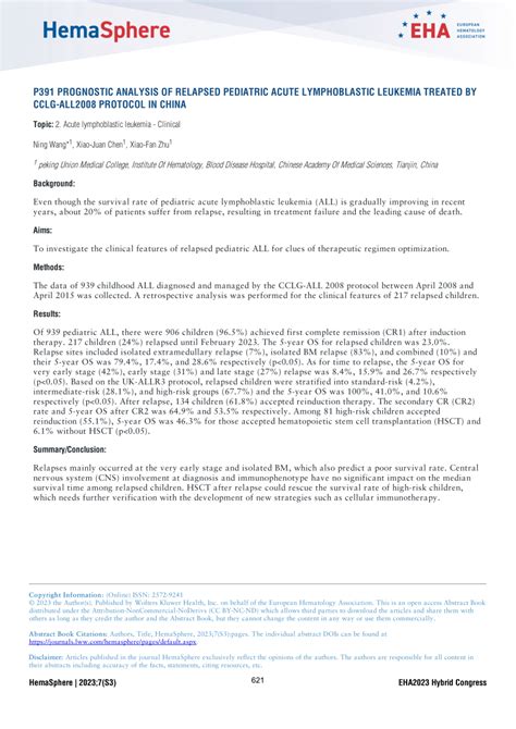 Pdf P391 Prognostic Analysis Of Relapsed Pediatric Acute Lymphoblastic Leukemia Treated By