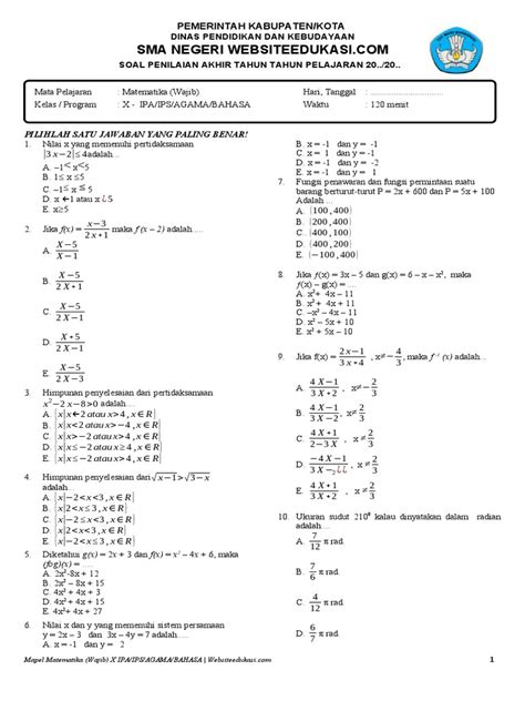 Soal Pat Kelas X Mtk Wajib Websiteedukasi Com Latihan 1soal Pat Mtk Wajib Kelas X K13 Pdf