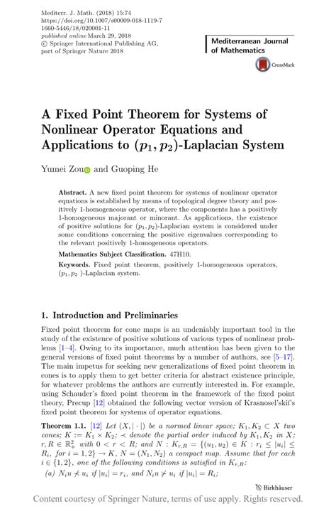 A Fixed Point Theorem For Systems Of Nonlinear Operator Equations And Applications To P1 P2