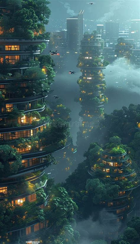 A Cityscape With Trees And Buildings Under The Night Sky Stock Image