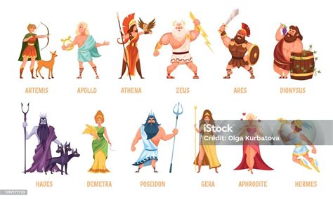 그리스 신 판테온 신화 올림피아 신들 고대 그리스 종교 여성과 이름 전통적인 요소 인격화와 남성 문자 만화 플랫 스타일 벡터 세트 아테나 그리스 여신에 대한 스톡 벡터 아트