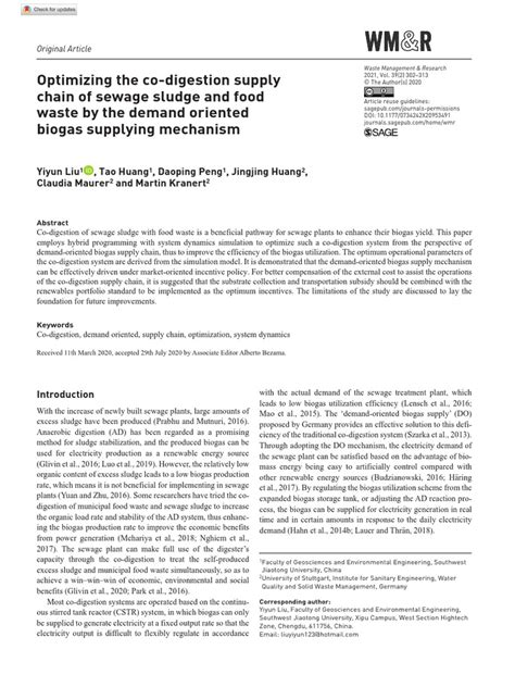 Liu Et Al 2020 Optimizing The Co Digestion Supply Chain Of Sewage