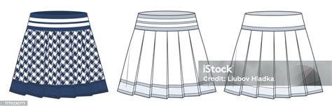 주름 미니 스커트 테크니컬 패션 일러스트 하운드 투스 패턴 스커트 세트 패션 플랫 기술 도면 템플릿 정면도 화이트 블루 여성