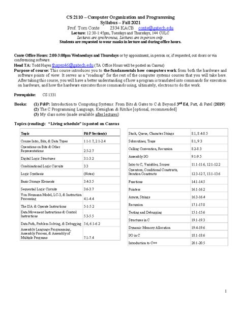 Cs2110 Course Syllabus Cs 2110 Computer Organization And