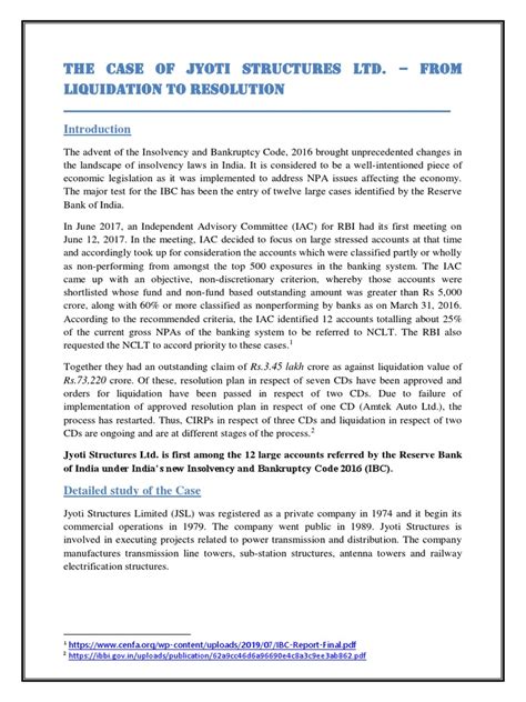 Article Case Of Jyoti Structures Ltd From Liquidation To Resolution