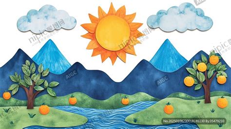 Ai创作图冰糖橙包装插画 赣南脐橙包装插画 脐橙包装插画 爱媛橙插画 赣南脐橙插画 脐橙插画包装 果冻橙包装插画 阳光晴朗风景插画 大自然插画包装插画 自然风景扁平画 原创手绘夏天 冰糖橙插画