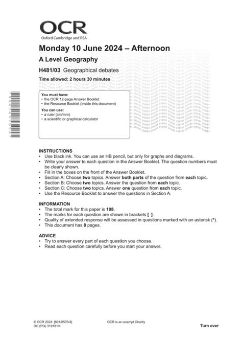 Ocr A Level Geography H481 03 June 2024 Question Paper And Mark Scheme Stuvia Us