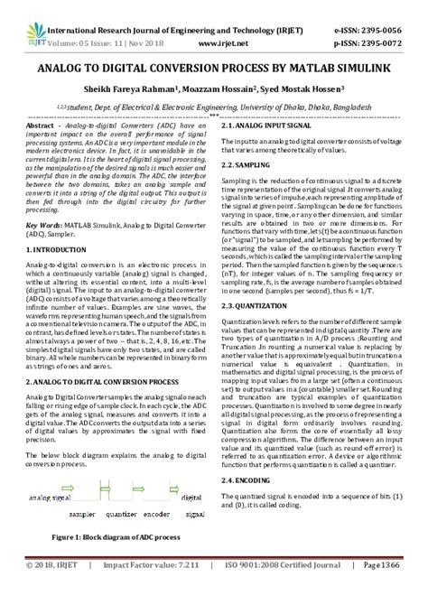 Pdf Irjet Analog To Digital Conversion Process By Matlab Simulink