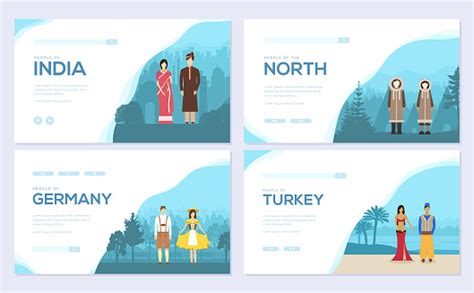 세계의 다른 나라에서 커플 다른 국적의 전통 의류 브로셔 카드 세트 전단지 웹 배너 Ui 헤더의 초대 템플릿 사이트를 입력 합니다 레이아웃 우아한 국가 지리적 지역에 대한
