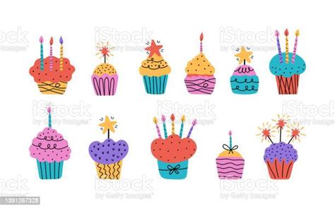 다채로운 휴일 낙서 아이콘의 벡터 세트 양초 컵 케이크 머핀을 곁들인 Bday 케이크 생일 축하해요 어린이 파티 생일 기념일을위한 미니멀 한 스칸디나비아 스타일의 현대적인
