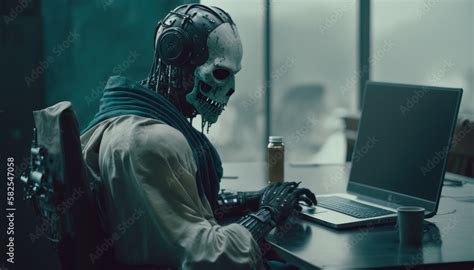 Ai Chatbot Robot Assistant Sitting At Desk Using Computer As Artificial Intelligence Business