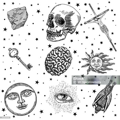 신비주의 종교와 악마 상징의 오컬트 세트 신비주의와 영적 신비주의 그림 프리메이슨과 비밀 사회 문신 디자인 연금술 요술 마술 고대 책 요소 벡터 0명에 대한 스톡 벡터 아트