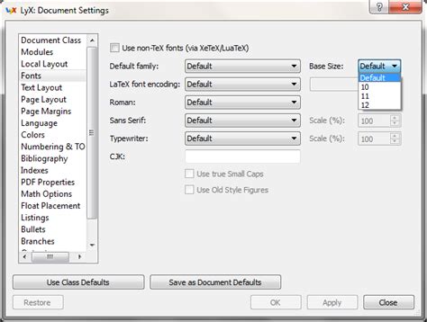 lyx difference between latex and word in setting font size tex