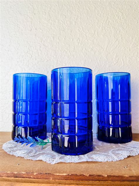 Anchor Hocking Cobalt Blue Grid Glasses 4 Etsy
