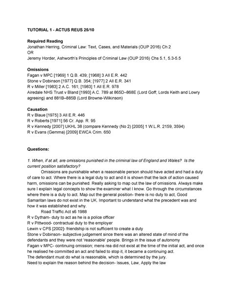 Criminal Law Tutorial Questions And Answers Tutorial 1 Actus Reus 2510 Required Reading