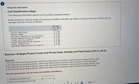 Solved Required Information Cost Classifications Algo The Chegg Com