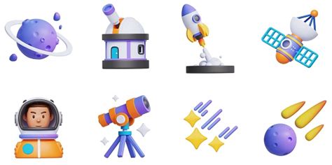 3d 공간 아이콘 설정 망원경 행성 로켓 발사 떨어지는 혜성 우주 비행사 하늘 별 우주 궤도 천문학 위성 우주 관측소 Ux Ui 아이콘 웹 디자인 요소 3d 렌더링 그림