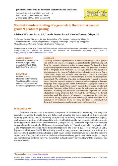 Pdf Students Understanding Of A Geometric Theorem A Case Of Grade 9