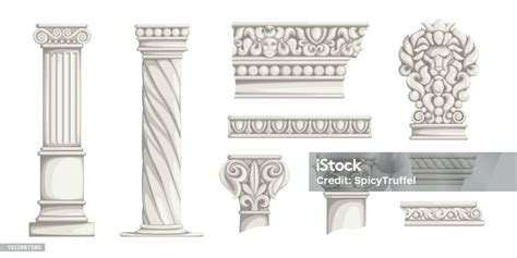 그리스어 열 고대 로마 건축 장식 요소 앤티쿠아 고린도 기둥 또는 벽 장식품 조각 된 대리석 건축 장식 역사적인 건물의 벡터 석조 부분 장식품에 대한 스톡 벡터 아트 및
