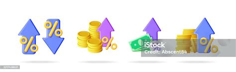 비즈니스 보고서를 위해 흰색 배경에 퍼센트 기호 동전 및 통화 메모와 함께 재정적 성장을 보여주는 3d 벡터 일러스트 세트입니다 3차원 형태에 대한 스톡 벡터 아트 및 기타