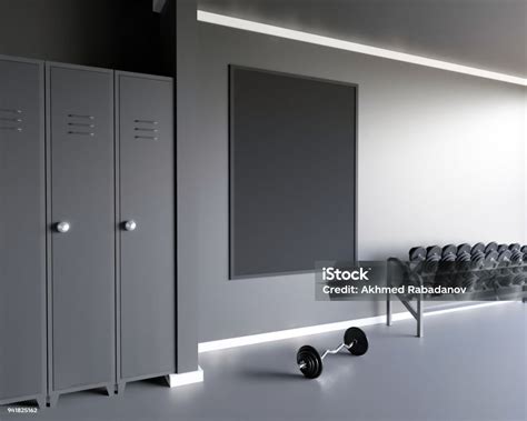 장면 3 차원 일러스트 레이 션 스포츠 체육관 피트 니스 탈의실 벽 흰색 관점 그림을 모의 간판에 대한 스톡 사진 및 기타 이미지 Istock