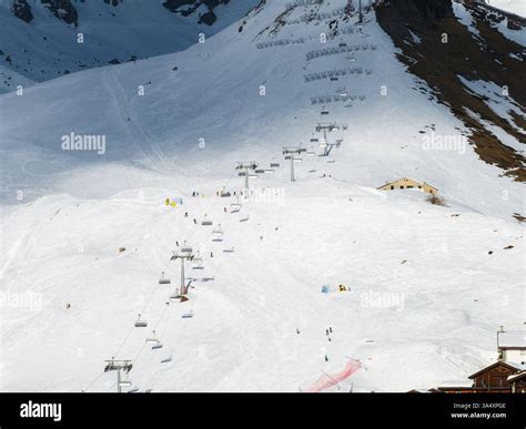 Aerial View Of Ski Lifts And Slopes In Cervino Ski Paradise Area Stock