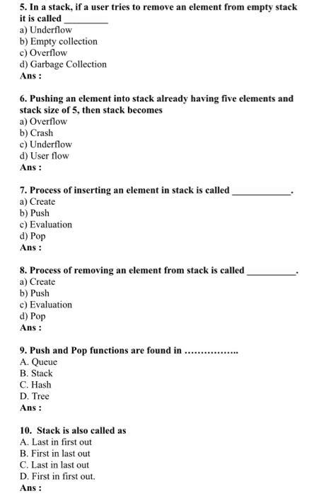 Solved 5 In A Stack If A User Tries To Remove An Element