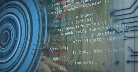 Image Of Interface With Data Processing Over Caucasian Female Engineer Working At Server Room