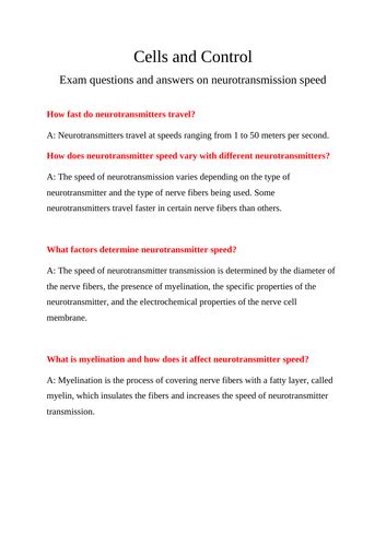 Cells And Control Exam Questions And Answers On Neurotransmission Speed Teaching Resources