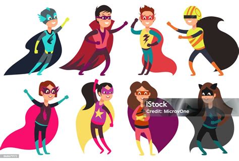 행복 한 아이 화려한 Superheros 의상을 입고 슈퍼 히어로 만화 아이 캐릭터 슈퍼히어로에 대한 스톡 벡터 아트 및 기타 이미지 슈퍼히어로 등장인물 벡터