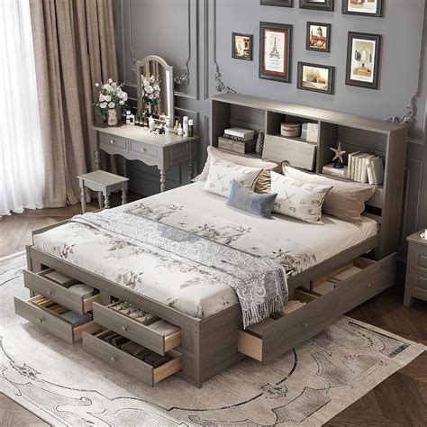 Vilrocaz Wood King Size Platform Bed With Storage Headboard