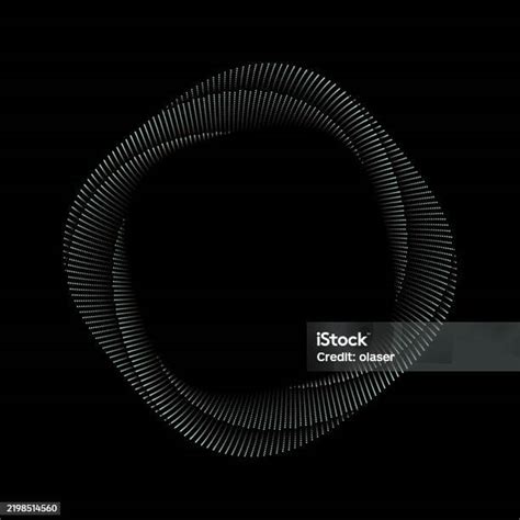 짙은 검은색 배경에 흐르는 원형 패턴으로 배열된 무수한 점으로 형성된 매혹적인 루프는 눈에 띄는 시각 효과를 만듭니다 3차원 형태에 대한 스톡 벡터 아트 및 기타 이미지