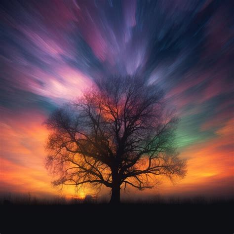 Premium AI Image A Colorful Sky With A Tree In The Foreground And A Colorful Sky With A