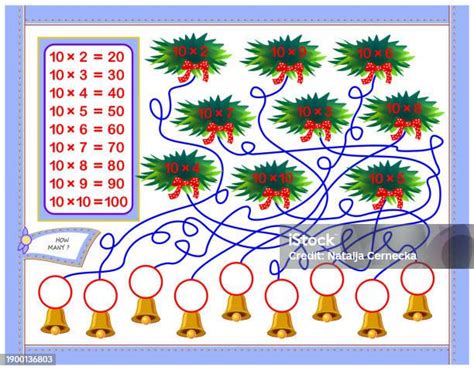 어린이를 위한 10 곱셈표 올바른 원 안에 숫자를 쓰십시오 수학 아기 책에 대한 교육 페이지입니다 어린이 교과서를 위한 인쇄 가능한 워크시트 학교로 돌아 가기 벡터 만화