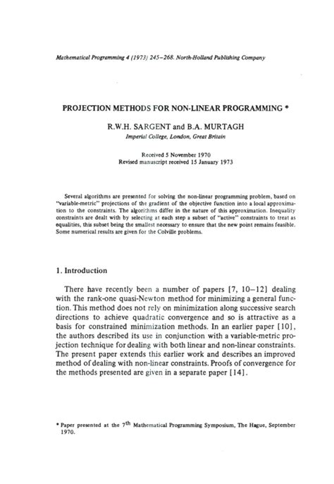Pdf Projection Methods For Nonlinear Programming