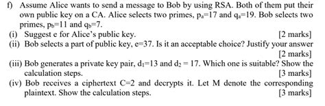 Solved F Assume Alice Wants To Send A Message To Bob By Chegg