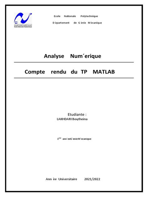 Tp Matlab Pdf Matrice Mathématiques Matlab