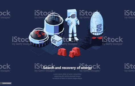 에너지 개념 일러스트의 검색 및 복구 만화 3d 스타일의 등분 성 벡터 구성 우주 탐사의 미래 지향적인 방법 새로운 현대 방법 표면에 정장에 우주 비행사 식물 산소에 대한