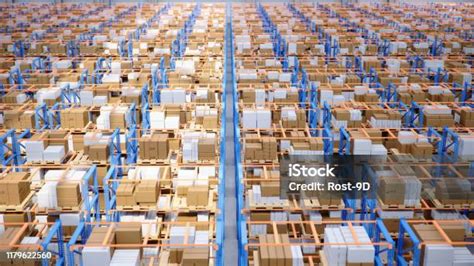 팔레트 랙 물류 센터에 골판지 상자가있는 창고 거대한 큰 현대 창고 선반에 골판지 상자로 가득 창고 상자팔레트에 서 3d 그림 3차원 형태에 대한 스톡 사진 및 기타 이미지
