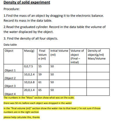 Solved Density Of Solid ExperimentProcedure Find The Mass Chegg Com