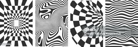 흑백 도형 물결 패턴이 있는 배경 세트입니다 배너 표지 포스터 엽서용 템플릿입니다 추상 흑백 곡선 패턴은 흰색 배경에 고립되어