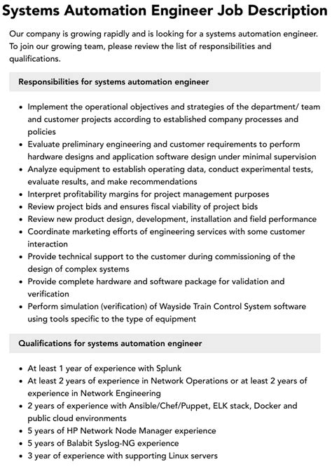 Systems Automation Engineer Job Description Velvet Jobs