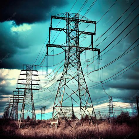 Башни из тяжелого металла с линиями высокого напряжения на фоне облачного неба Премиум Фото
