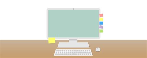 정면에서 본 책상에 화려한 스티커 메모가있는 데스크톱 컴퓨터의 배경 배너 벡터 일러스트 레이 션 배경 없음 모형 복사 공간 컴퓨터 모니터에 대한 스톡 벡터 아트 및 기타