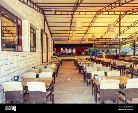 Spacious Lounge With Tables And Chairs Dining Room In The Hotel For Meals Tourists At Lunch